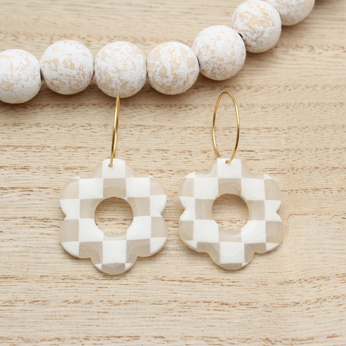 White and Translucent Checkerboard Daisy Hoop Earrings ...